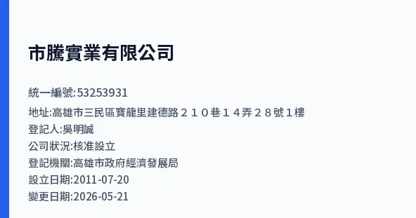 市騰實業有限公司的照片-統編 53253931(高雄市) 公司登記資料與營業項目詳細圖表