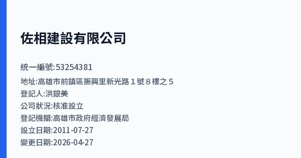 佐相建設有限公司的照片-統編 53254381(高雄市) 公司登記資料與營業項目詳細圖表