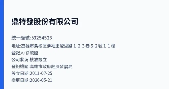 鼎特發股份有限公司的照片-統編 53254523(高雄市) 公司登記資料與營業項目詳細圖表