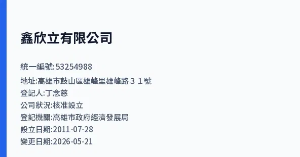 鑫欣立有限公司的照片-統編 53254988(高雄市) 公司登記資料與營業項目詳細圖表