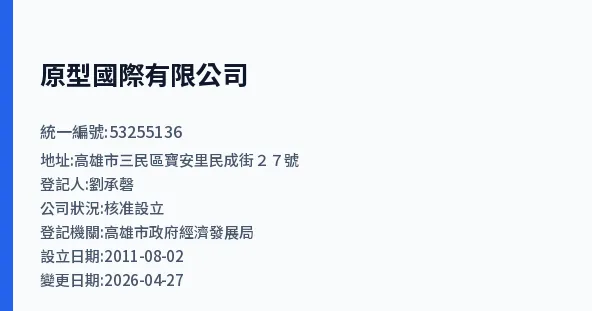原型國際有限公司的照片-統編 53255136(高雄市) 公司登記資料與營業項目詳細圖表