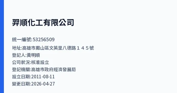 羿順化工有限公司的照片-統編 53256509(高雄市) 公司登記資料與營業項目詳細圖表