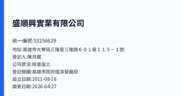 盛順興實業有限公司的照片-統編 53256629(高雄市) 公司登記資料與營業項目詳細圖表