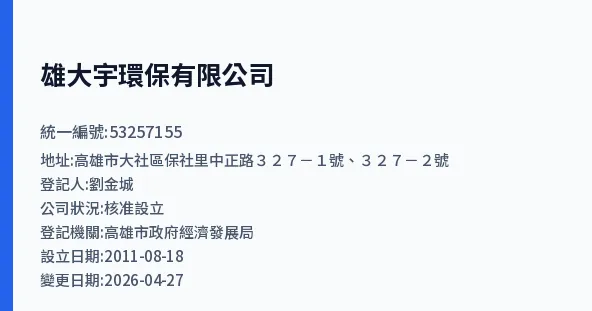 雄大宇環保有限公司的照片-統編 53257155(高雄市) 公司登記資料與營業項目詳細圖表