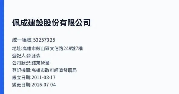 佩成建設股份有限公司的照片-統編 53257325(高雄市) 公司登記資料與營業項目詳細圖表