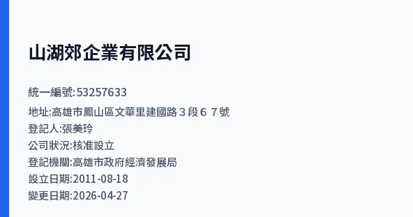山湖郊企業有限公司的照片-統編 53257633(高雄市) 公司登記資料與營業項目詳細圖表