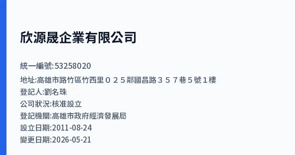 欣源晟企業有限公司的照片-統編 53258020(高雄市) 公司登記資料與營業項目詳細圖表