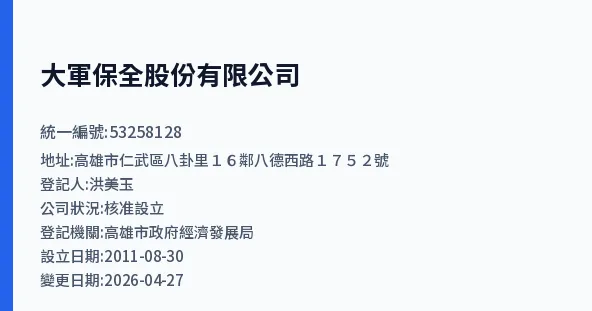 大軍保全股份有限公司的照片-統編 53258128(高雄市) 公司登記資料與營業項目詳細圖表