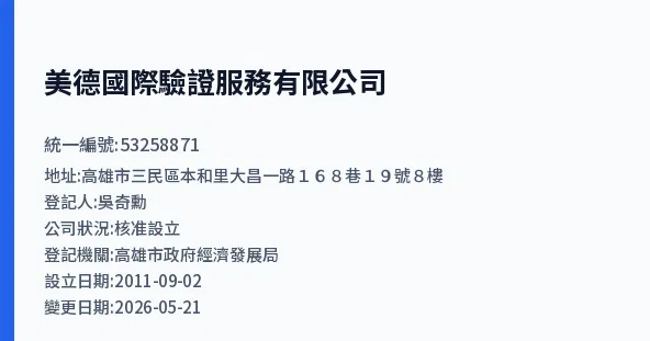 美德國際驗證服務有限公司的照片-統編 53258871(高雄市) 公司登記資料與營業項目詳細圖表