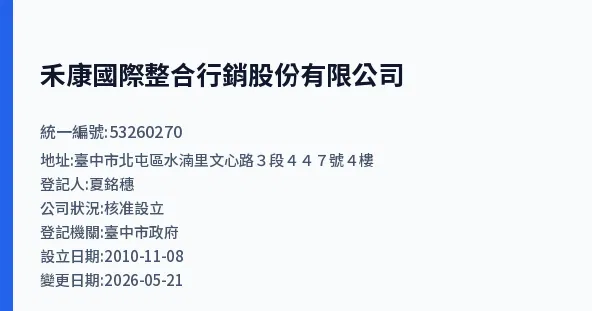 禾康國際整合行銷股份有限公司的照片-統編 53260270(臺中市) 公司登記資料與營業項目詳細圖表