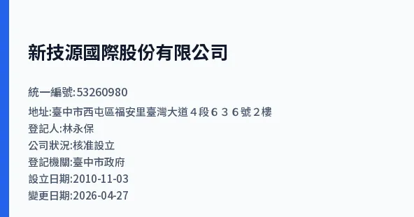 新技源國際股份有限公司的照片-統編 53260980(臺中市) 公司登記資料與營業項目詳細圖表