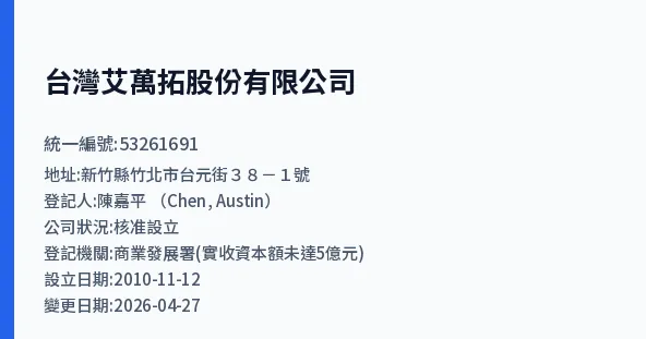 台灣艾萬拓股份有限公司的照片-統編 53261691(新竹縣) 公司登記資料與營業項目詳細圖表
