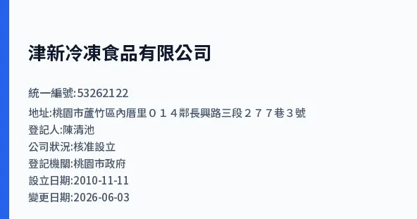 津新冷凍食品有限公司的照片-統編 53262122(桃園市) 公司登記資料與營業項目詳細圖表