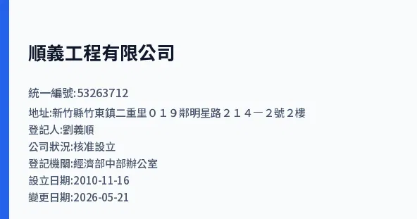 順義工程有限公司的照片-統編 53263712(新竹縣) 公司登記資料與營業項目詳細圖表
