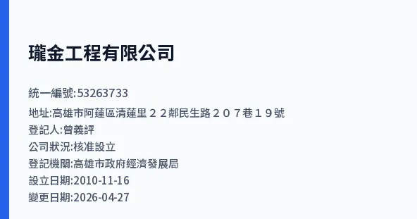 瓏金工程有限公司的照片-統編 53263733(高雄市) 公司登記資料與營業項目詳細圖表