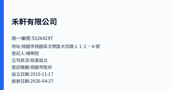 禾軒有限公司的照片-統編 53264297(桃園市) 公司登記資料與營業項目詳細圖表