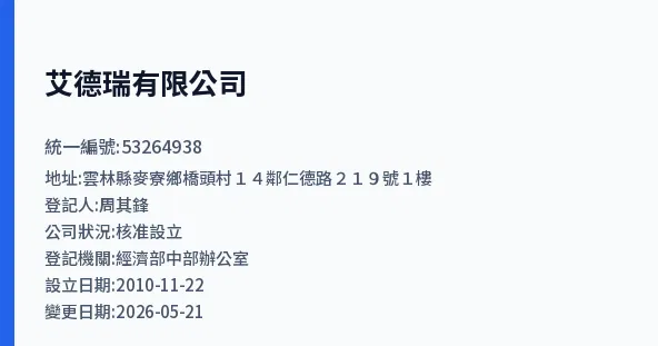 艾德瑞有限公司的照片-統編 53264938(雲林縣) 公司登記資料與營業項目詳細圖表