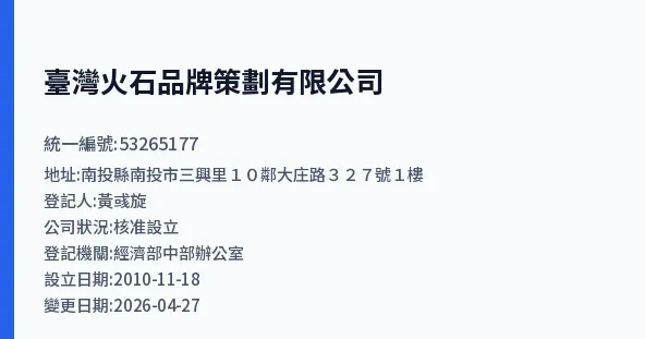 臺灣火石品牌策劃有限公司的照片-統編 53265177(南投縣) 公司登記資料與營業項目詳細圖表