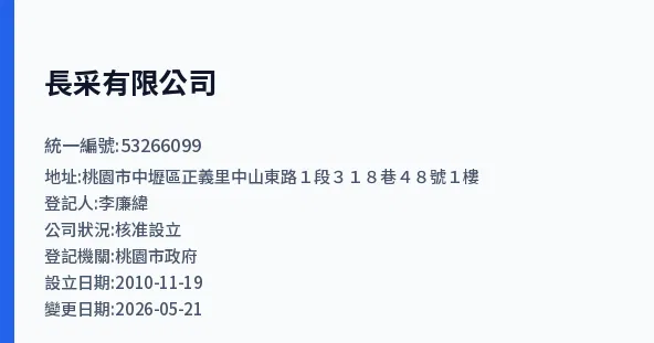 長采有限公司的照片-統編 53266099(桃園市) 公司登記資料與營業項目詳細圖表