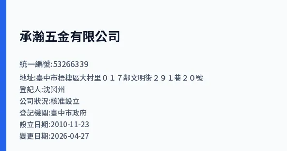 承瀚五金有限公司的照片-統編 53266339(臺中市) 公司登記資料與營業項目詳細圖表