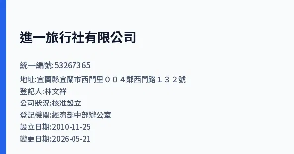 進一旅行社有限公司的照片-統編 53267365(宜蘭縣) 公司登記資料與營業項目詳細圖表