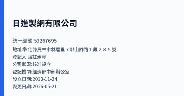 日進製網有限公司的照片-統編 53267695(彰化縣) 公司登記資料與營業項目詳細圖表