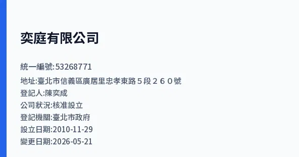 奕庭有限公司的照片-統編 53268771(臺北市) 公司登記資料與營業項目詳細圖表