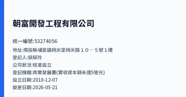 朝富開發工程有限公司的照片-統編 53274056(南投縣) 公司登記資料與營業項目詳細圖表