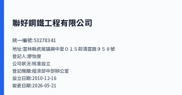 聯好鋼鐵工程有限公司的照片-統編 53278341(雲林縣) 公司登記資料與營業項目詳細圖表