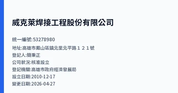 威克萊焊接工程股份有限公司的照片-統編 53278980(高雄市) 公司登記資料與營業項目詳細圖表