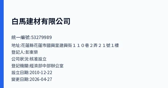 白馬建材有限公司的照片-統編 53279989(花蓮縣) 公司登記資料與營業項目詳細圖表