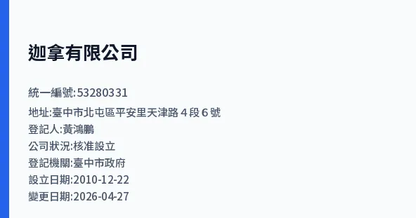 迦拿有限公司的照片-統編 53280331(臺中市) 公司登記資料與營業項目詳細圖表