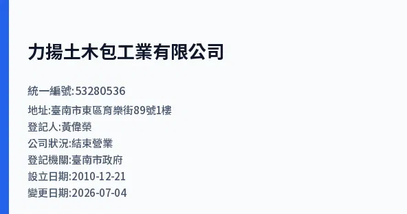 力揚土木包工業有限公司的照片-統編 53280536(臺南市) 公司登記資料與營業項目詳細圖表