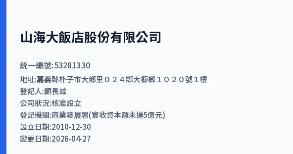 山海大飯店股份有限公司的照片-統編 53281330(嘉義縣) 公司登記資料與營業項目詳細圖表