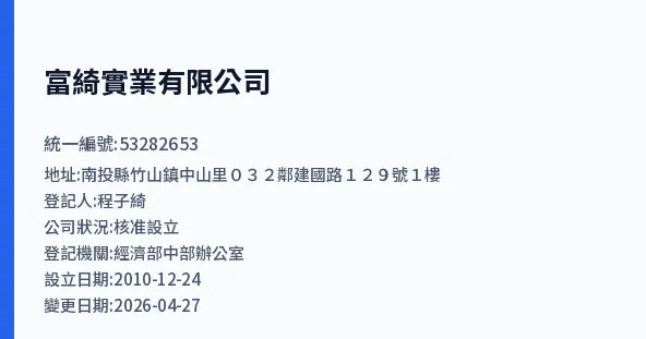 富綺實業有限公司的照片-統編 53282653(南投縣) 公司登記資料與營業項目詳細圖表