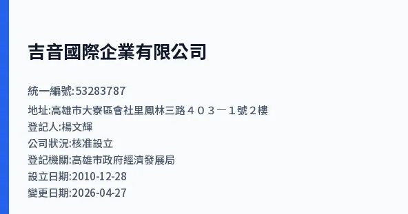 吉音國際企業有限公司的照片-統編 53283787(高雄市) 公司登記資料與營業項目詳細圖表