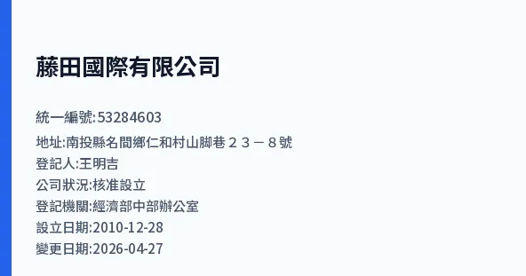 藤田國際有限公司的照片-統編 53284603(南投縣) 公司登記資料與營業項目詳細圖表