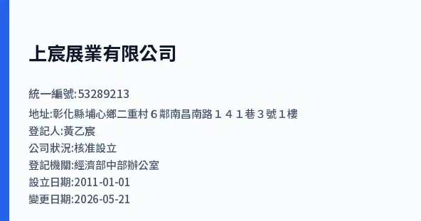 上宸展業有限公司的照片-統編 53289213(彰化縣) 公司登記資料與營業項目詳細圖表