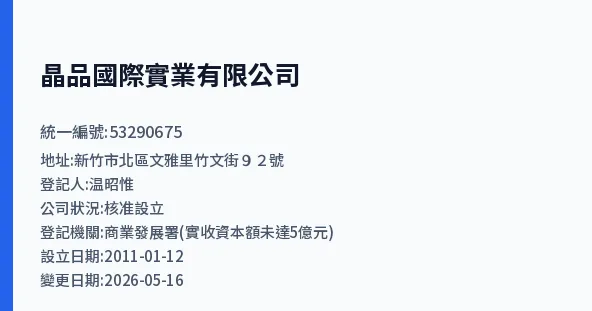 晶品國際實業有限公司的照片-統編 53290675(新竹市) 公司登記資料與營業項目詳細圖表