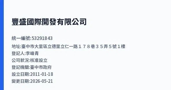 豐盛國際開發有限公司的照片-統編 53291843(臺中市) 公司登記資料與營業項目詳細圖表