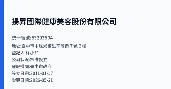 揚昇國際健康美容股份有限公司的照片-統編 53293504(臺中市) 公司登記資料與營業項目詳細圖表