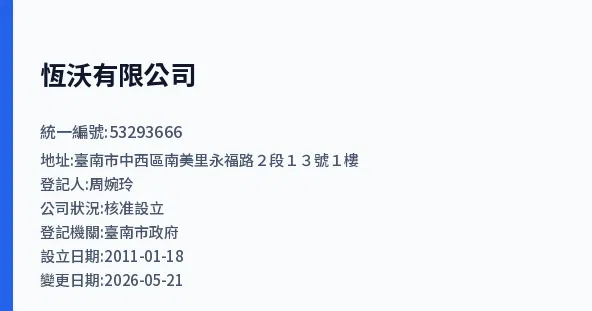 恆沃有限公司的照片-統編 53293666(臺南市) 公司登記資料與營業項目詳細圖表