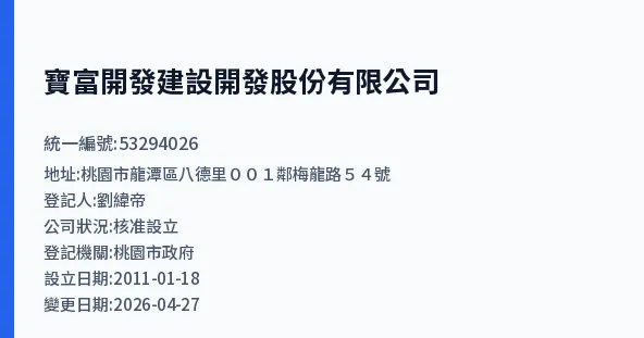 寶富開發建設開發股份有限公司的照片-統編 53294026(桃園市) 公司登記資料與營業項目詳細圖表