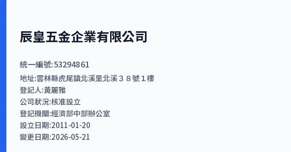 辰皇五金企業有限公司的照片-統編 53294861(雲林縣) 公司登記資料與營業項目詳細圖表