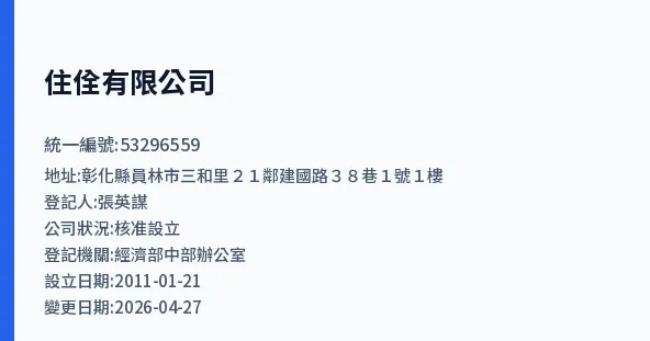 住佺有限公司的照片-統編 53296559(彰化縣) 公司登記資料與營業項目詳細圖表