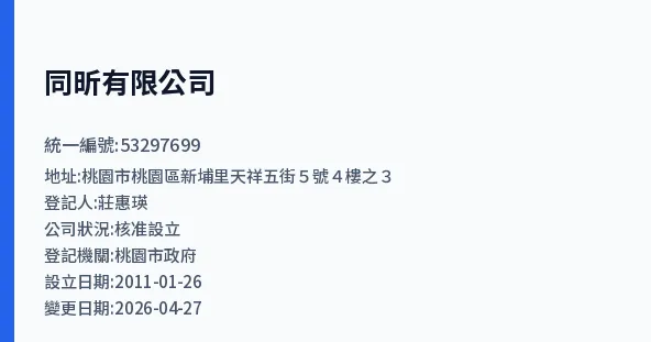 同昕有限公司的照片-統編 53297699(桃園市) 公司登記資料與營業項目詳細圖表