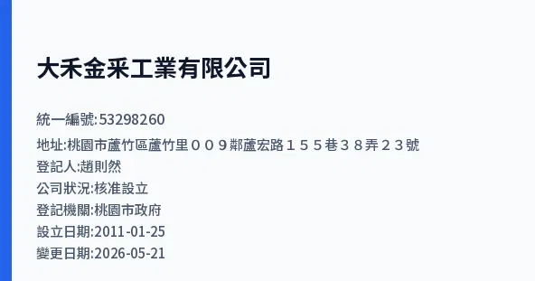 大禾金釆工業有限公司的照片-統編 53298260(桃園市) 公司登記資料與營業項目詳細圖表