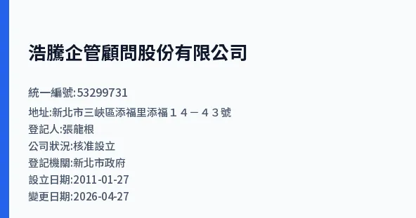 浩騰企管顧問股份有限公司的照片-統編 53299731(新北市) 公司登記資料與營業項目詳細圖表