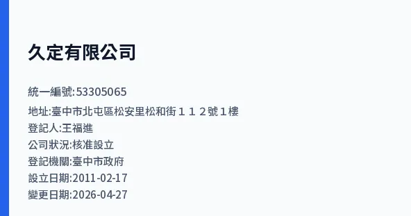 久定有限公司的照片-統編 53305065(臺中市) 公司登記資料與營業項目詳細圖表
