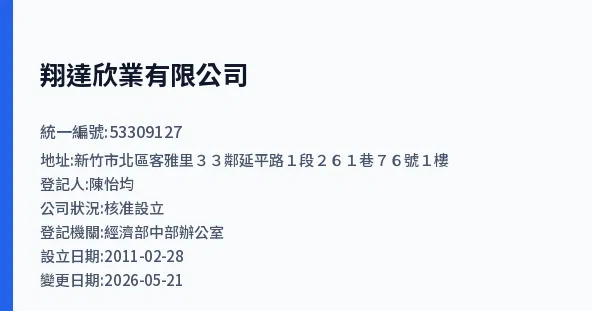 翔達欣業有限公司的照片-統編 53309127(新竹市) 公司登記資料與營業項目詳細圖表